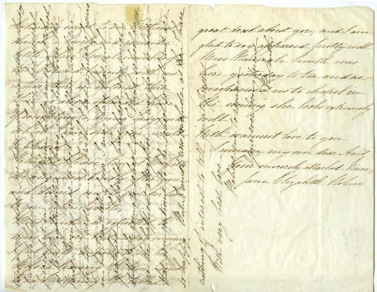 Cross-written letter from Jane Elizabeth Holmes [Jane Young (nee ...