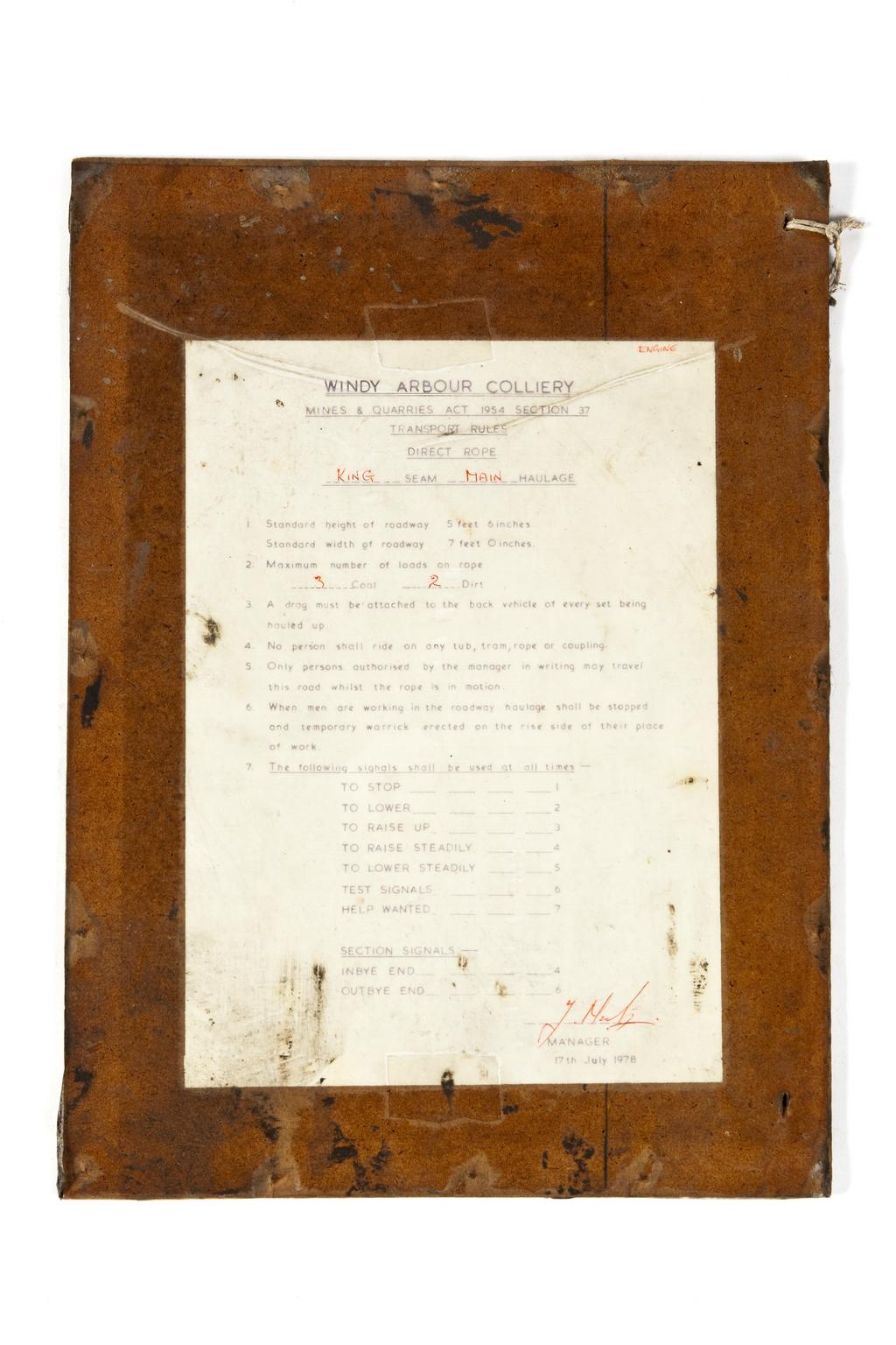 Sign, Windy Arbour Colliery | Science Museum Group Collection