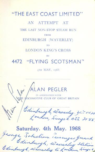 Autographed Menu from Flying Scotsman's 1968 Run | Science Museum Group ...