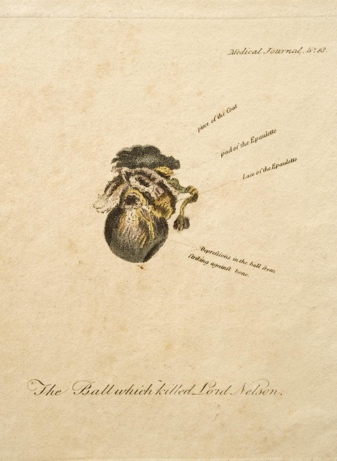 Engraving showing 'The Ball which killed Lord Nelson', England, 1805 ...