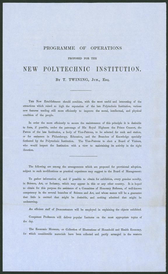 Print, leaflet. Programme of Operations proposed for the New ...