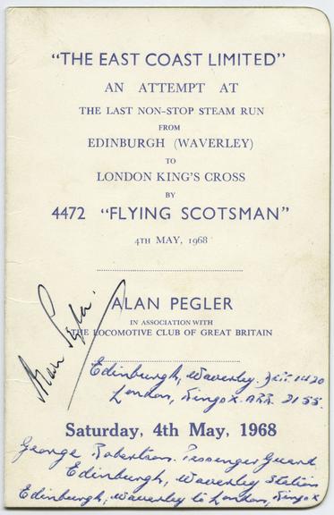 Autographed Menu from Flying Scotsman's 1968 Run | Science Museum Group ...