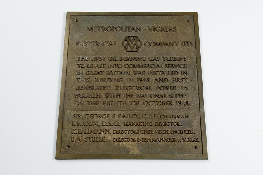 Plaque from Metropolitan-Vickers factory | Science Museum Group Collection