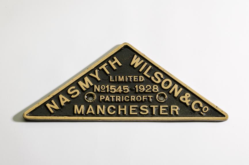 Triangular brass worksplate. Marked 'Nasmyth Wilson & Co | Science ...
