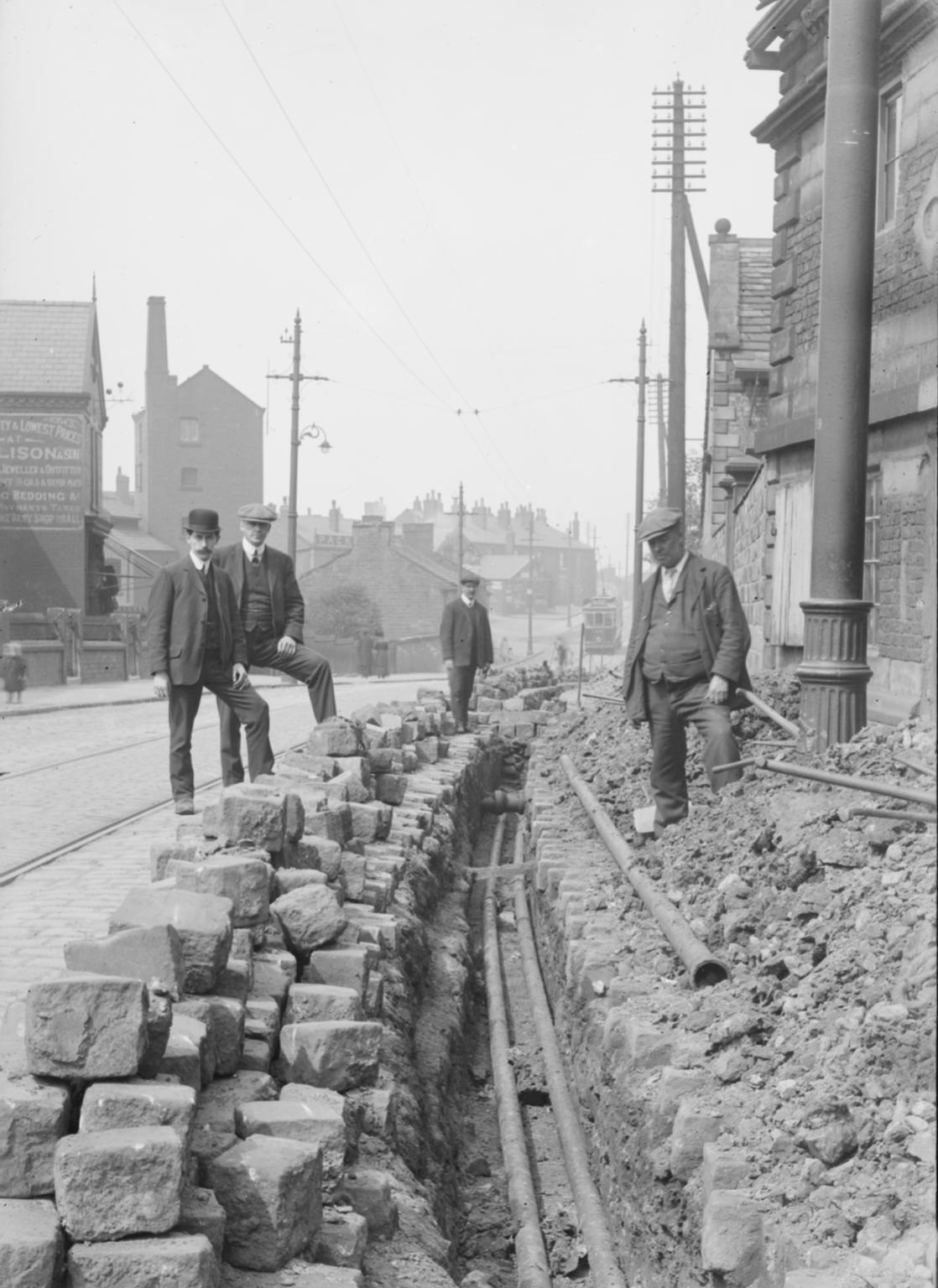 Works photographic negative of steel tubes in trench, Pemberton, nr ...
