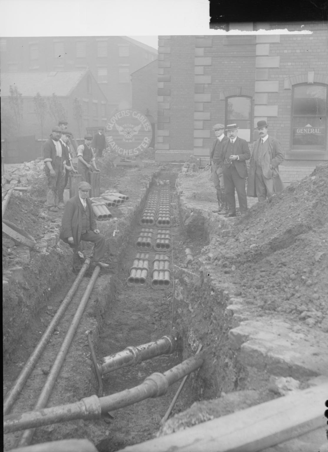 Works photographic negative of conduits in trench, Pemberton, nr. Wigan ...