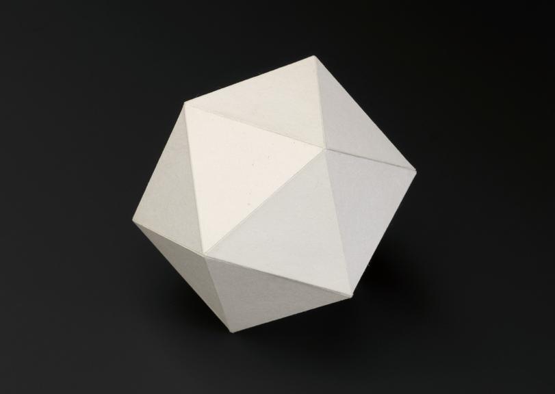 Polyhedron model showing the icosahedron and one of its 58 stellations ...