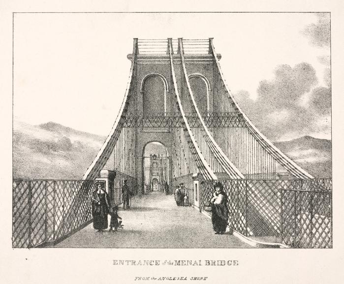 Lithograph, Entrance of the Menai Bridge from the Anglesea Shore ...
