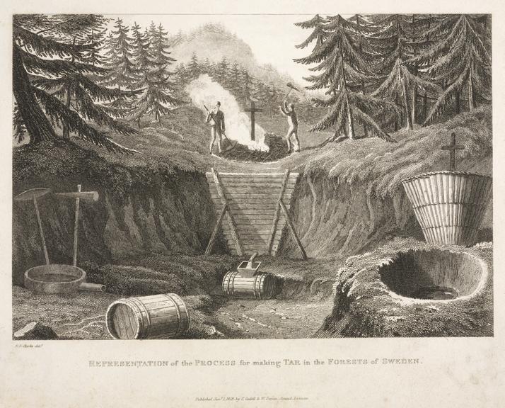 Print, engraving, 'Representation of the process for making tar ...