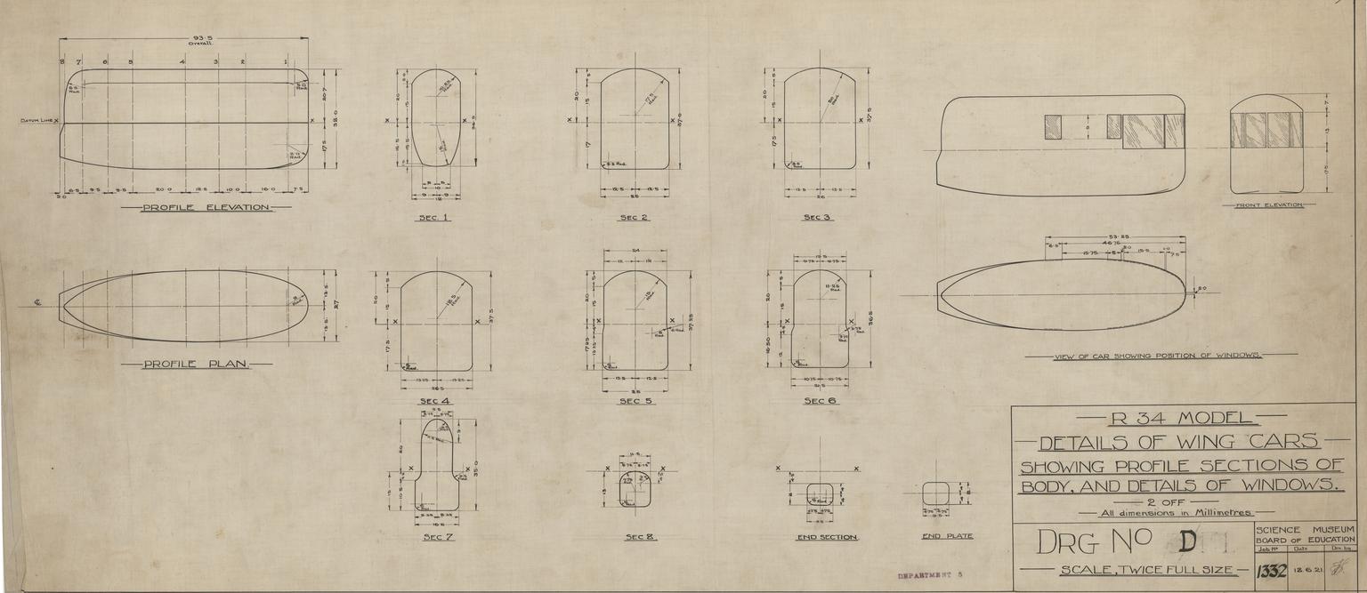 R. 34 Model - Details of Wing Cars - Showing Profile Sections of Body ...