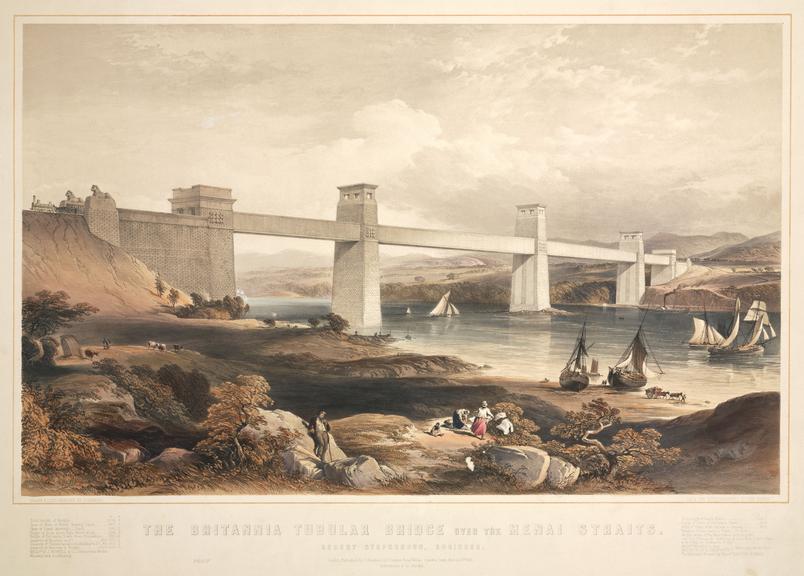 Coloured lithograph: Britannia Tubular Bridge over the Menai Straits ...