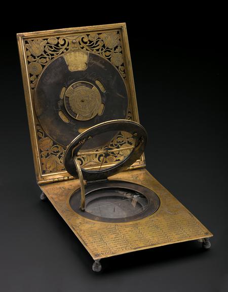 Sundial and compass with perpetual calendar and lunar circles. Brass ...