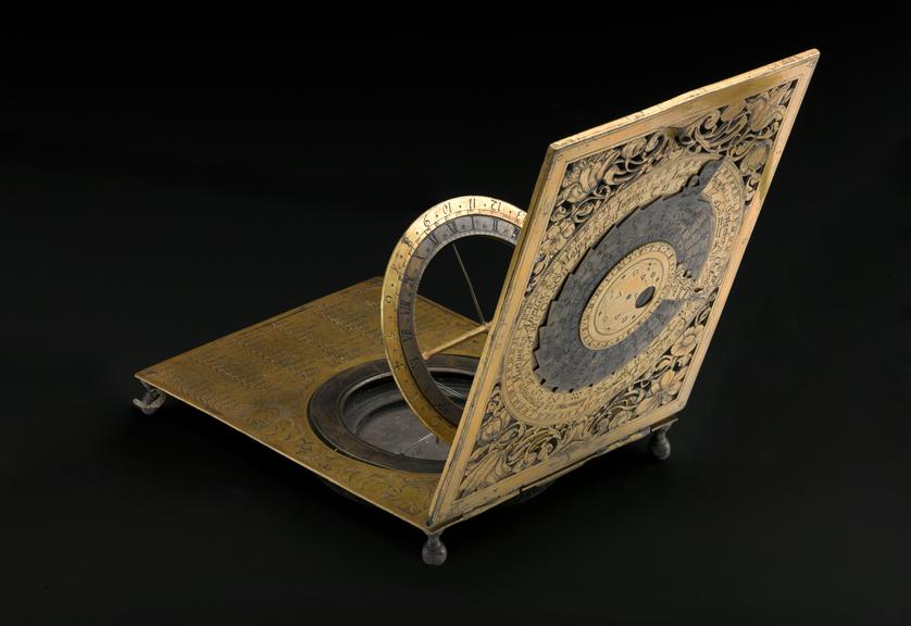 Sundial and compass with perpetual calendar and lunar circles. Brass ...