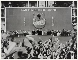 Enver Hodja, Albanian Premier at a celebration of 15 years of communist ...