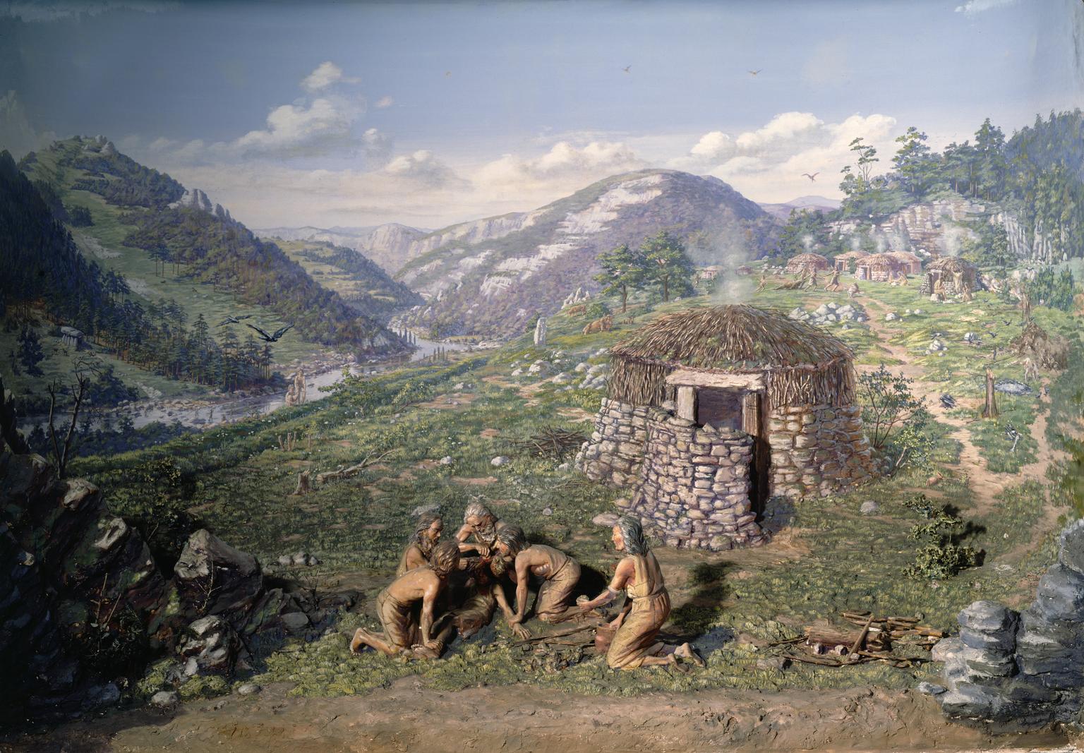Diorama showing trephination in Neolithic times, England, 1942 ...