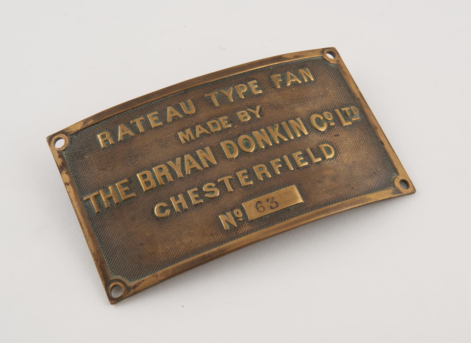 Cast brass nameplate from a Rateau Fan by Bryan Donkin and Co. Ltd ...