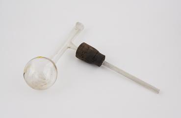 Round bottom distillation flask with side arm and cork stopper ...