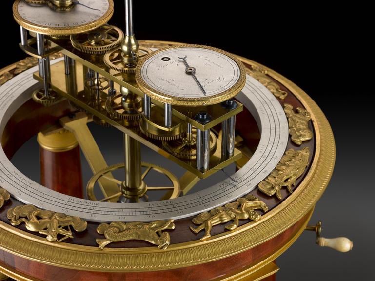 French Clock with orrery planetary model, winding keys and wooden base ...