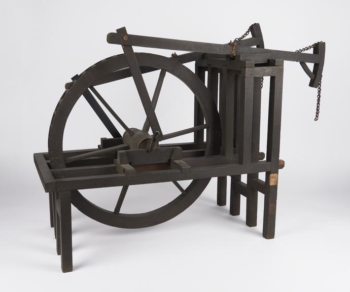 Model, of water wheel coupled to two beams for mine pumps | Science ...