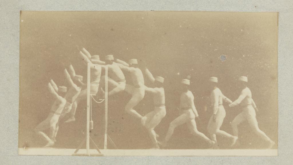 Series of photographs showing phases of movement of a man jumping a ...