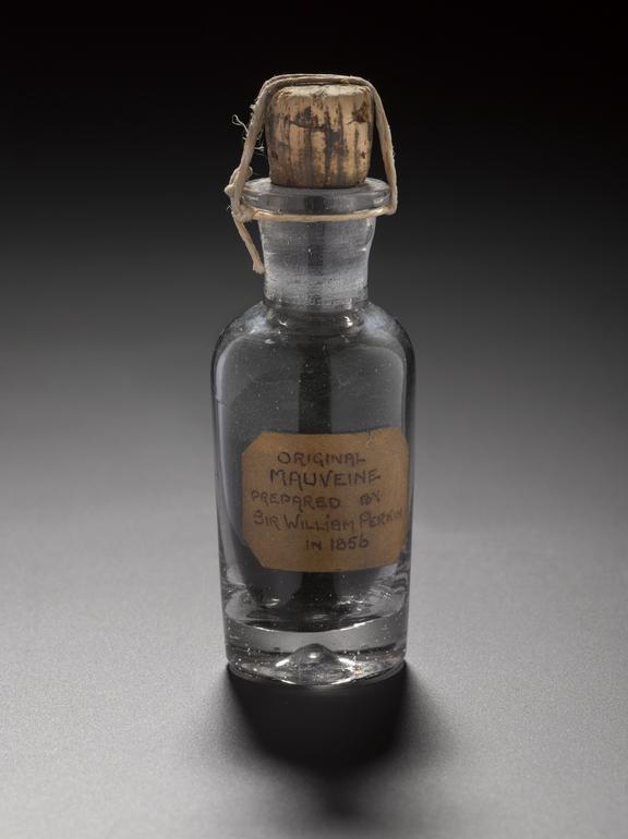 Mauveine acetate dye in microcrystalline form in a cork-stoppered glass ...