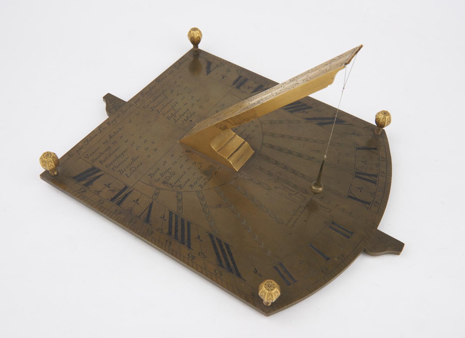 Sundial, Brass, gnomon and heads of levelling screws gilt | Science ...