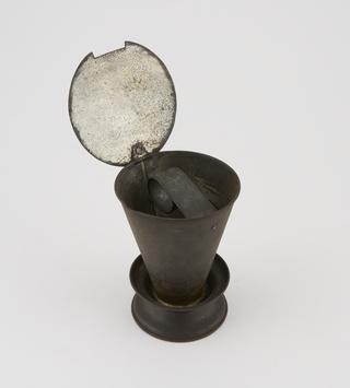 Conical container on circular stand with hinged lid and handle ...