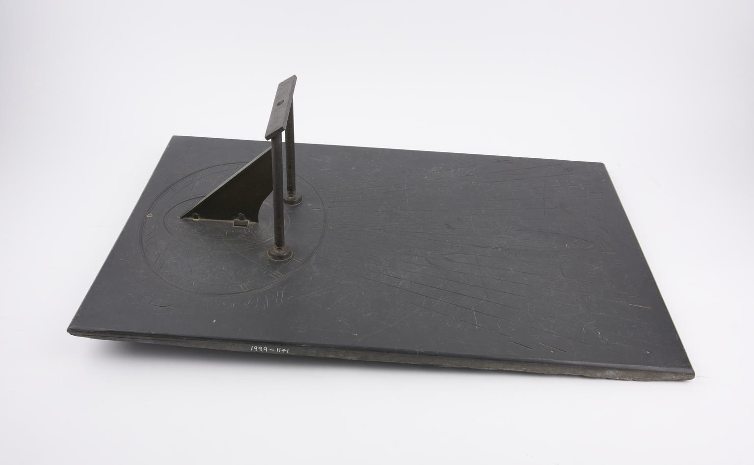 Horizontal sundial for latitude 43° with brass gnomon on slate base ...