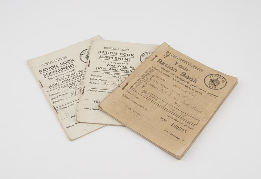 Used ration book and two ration book supplements, England, 1939-1941 ...