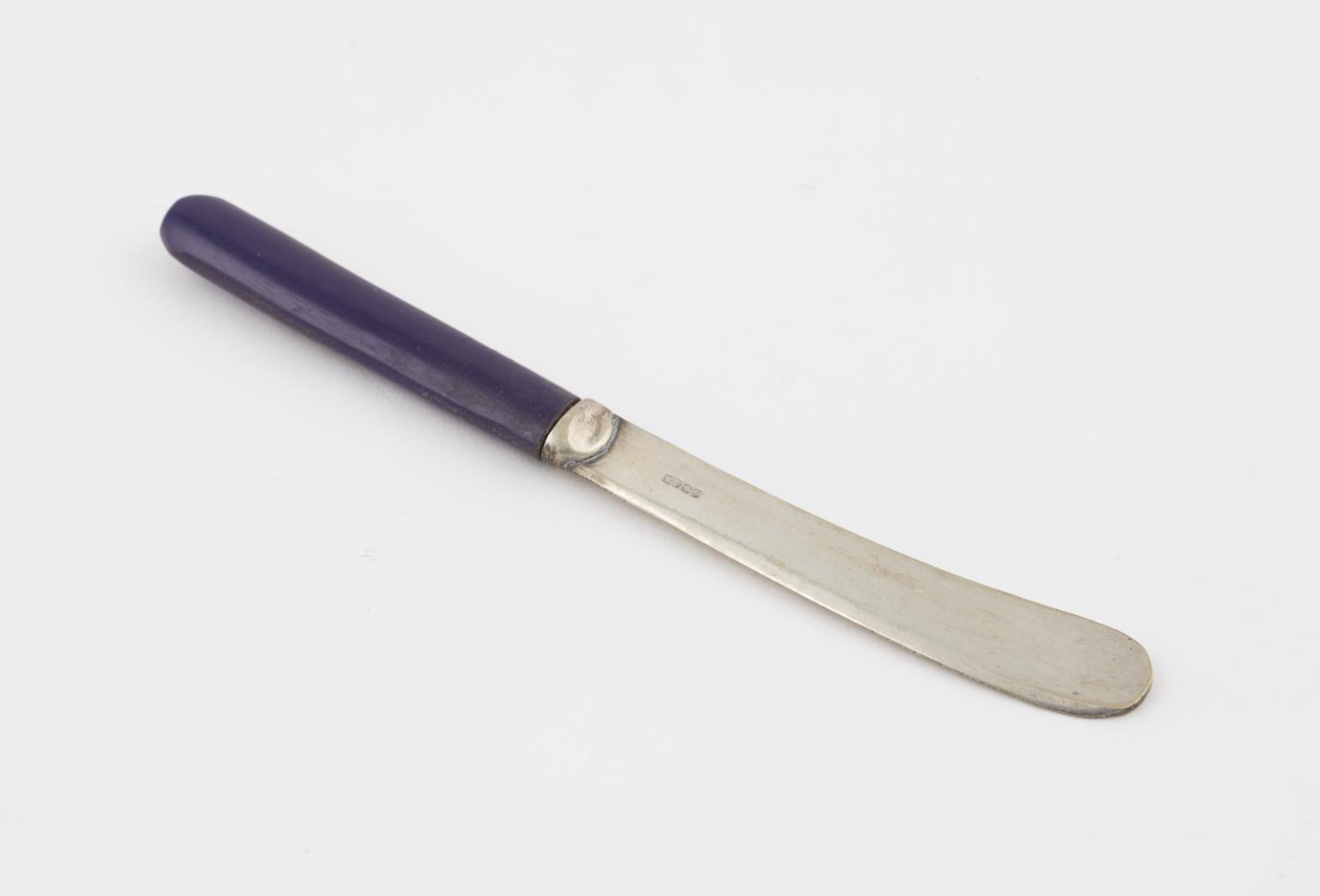 Butter knife with purple Parkesine handle; steel blades | Science ...