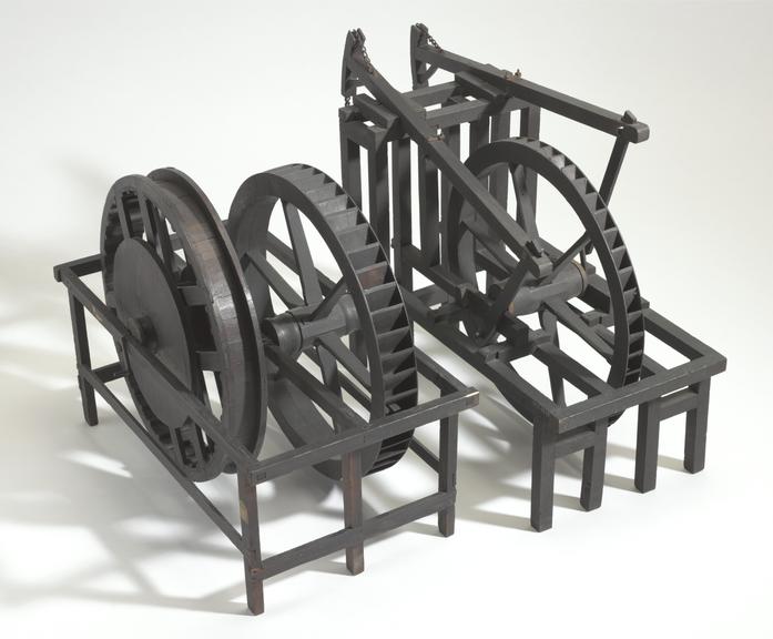 Model, of water wheel coupled to two beams for mine pumps | Science ...