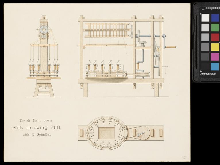 Coloured drawing depicting French hand-powered silk throwing mill ...
