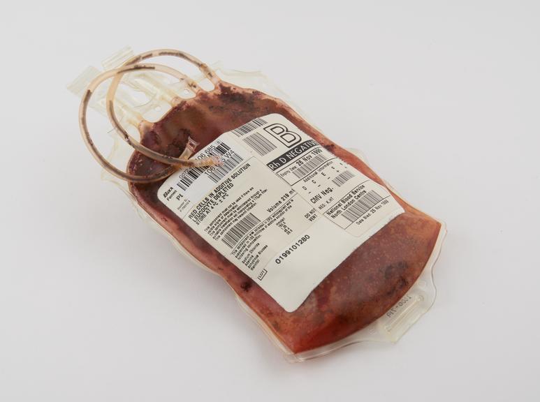 Blood plasma bag, labelled "B", containing theatrical blood | Science ...