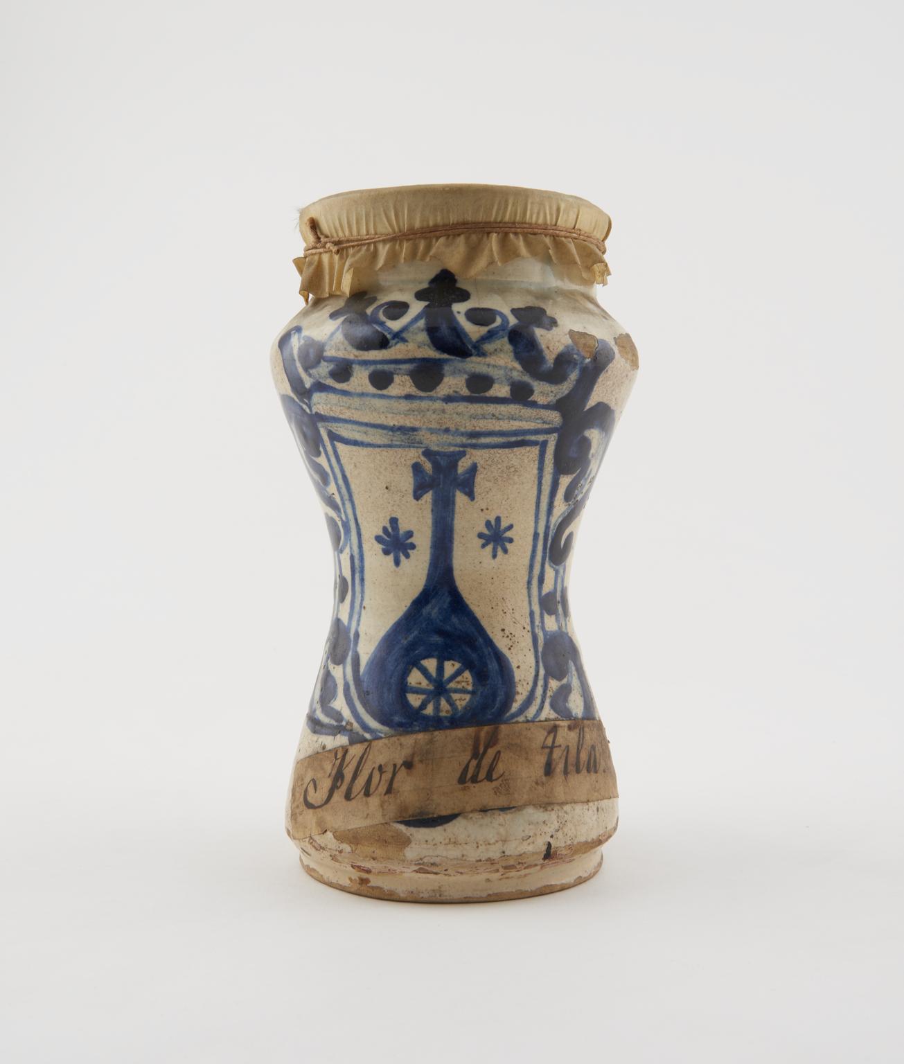 Set of 7 tin glazed earthenware albarelli | Science Museum Group Collection