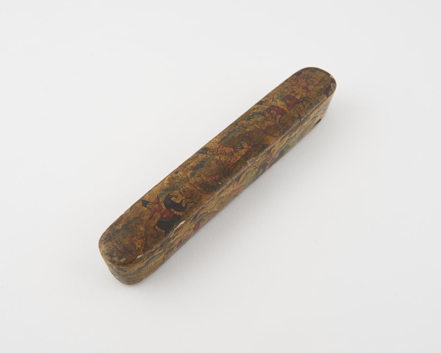 Paper pen case, with inkwell, hunting scenes painted on outside surface ...