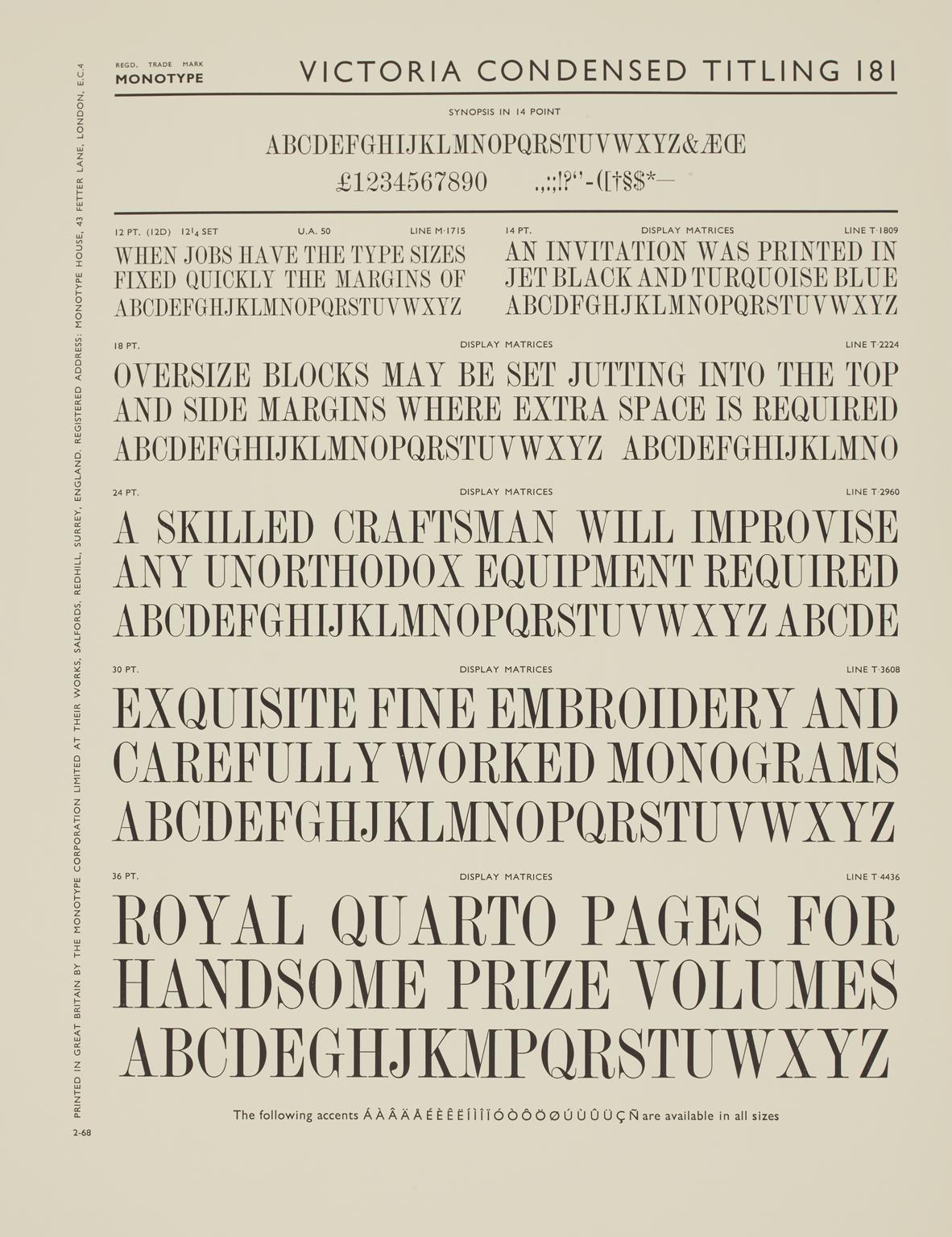 Specimen sheet for Victoria Bold Condensed Titling (series number: 180 ...