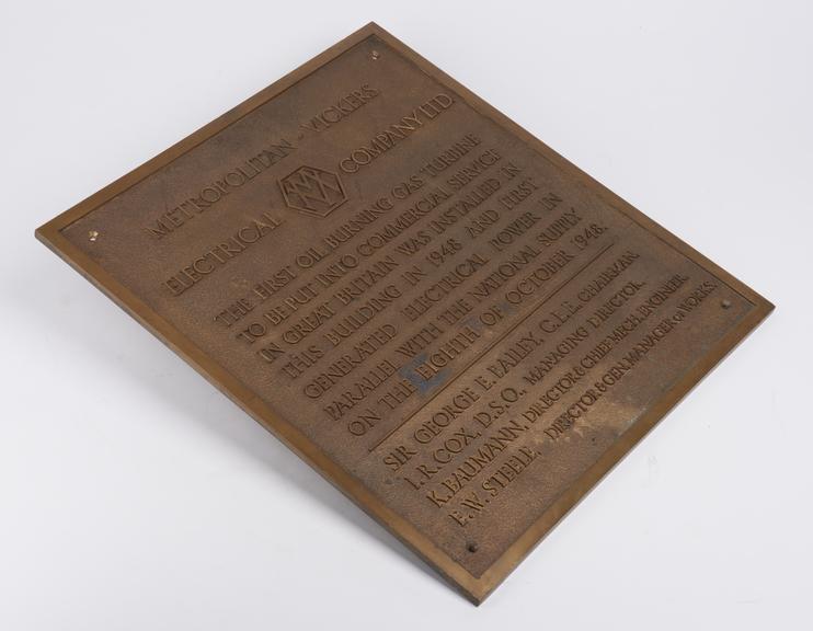Plaque from Metropolitan-Vickers factory | Science Museum Group Collection