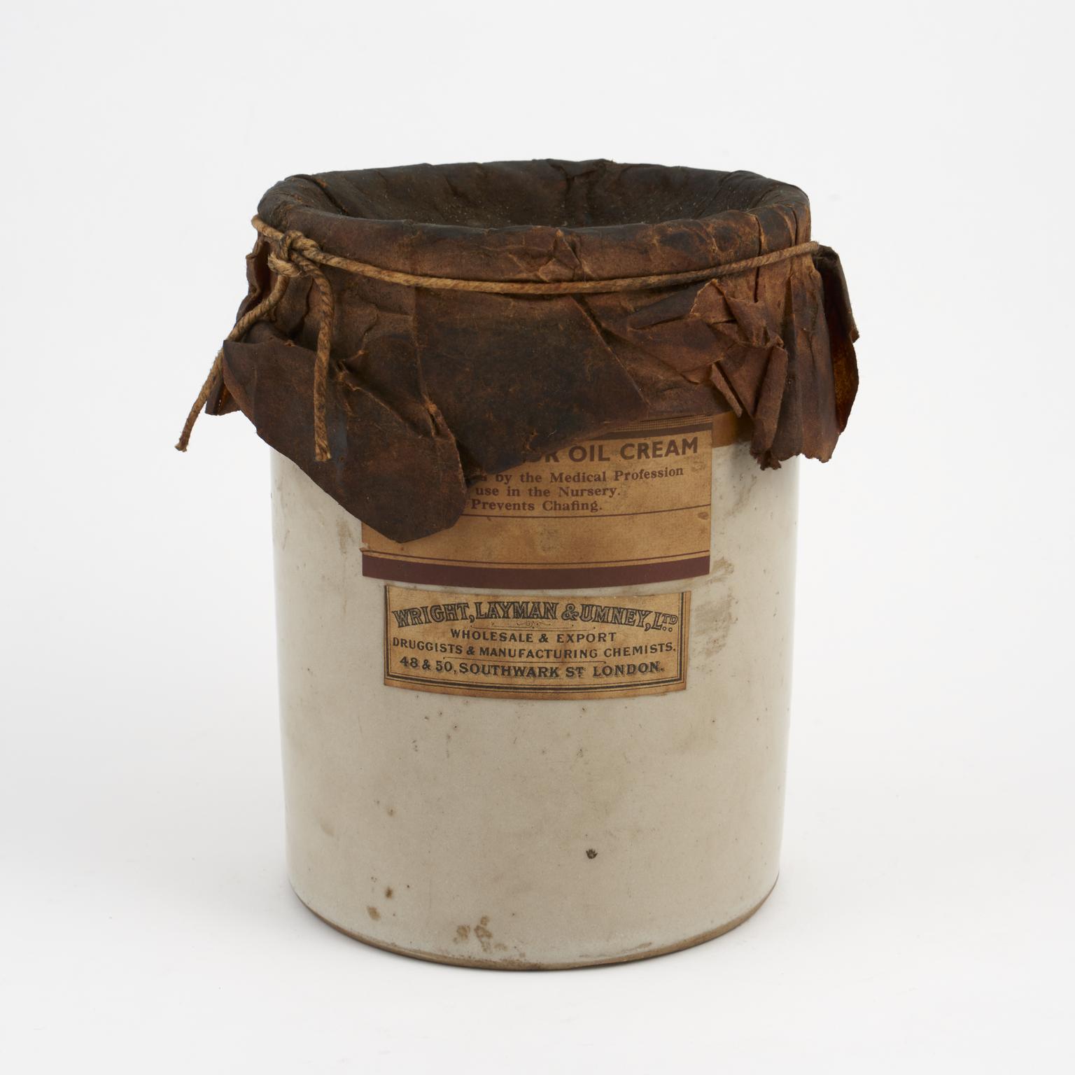 Salt glazed stoneware storage jar for zinc and castor oil cream ...