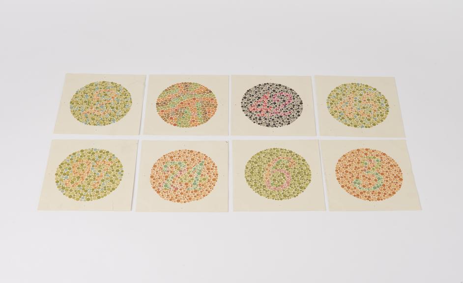 Eight Ishihara charts for testing colour blindness, Europe, 1917-1959 ...