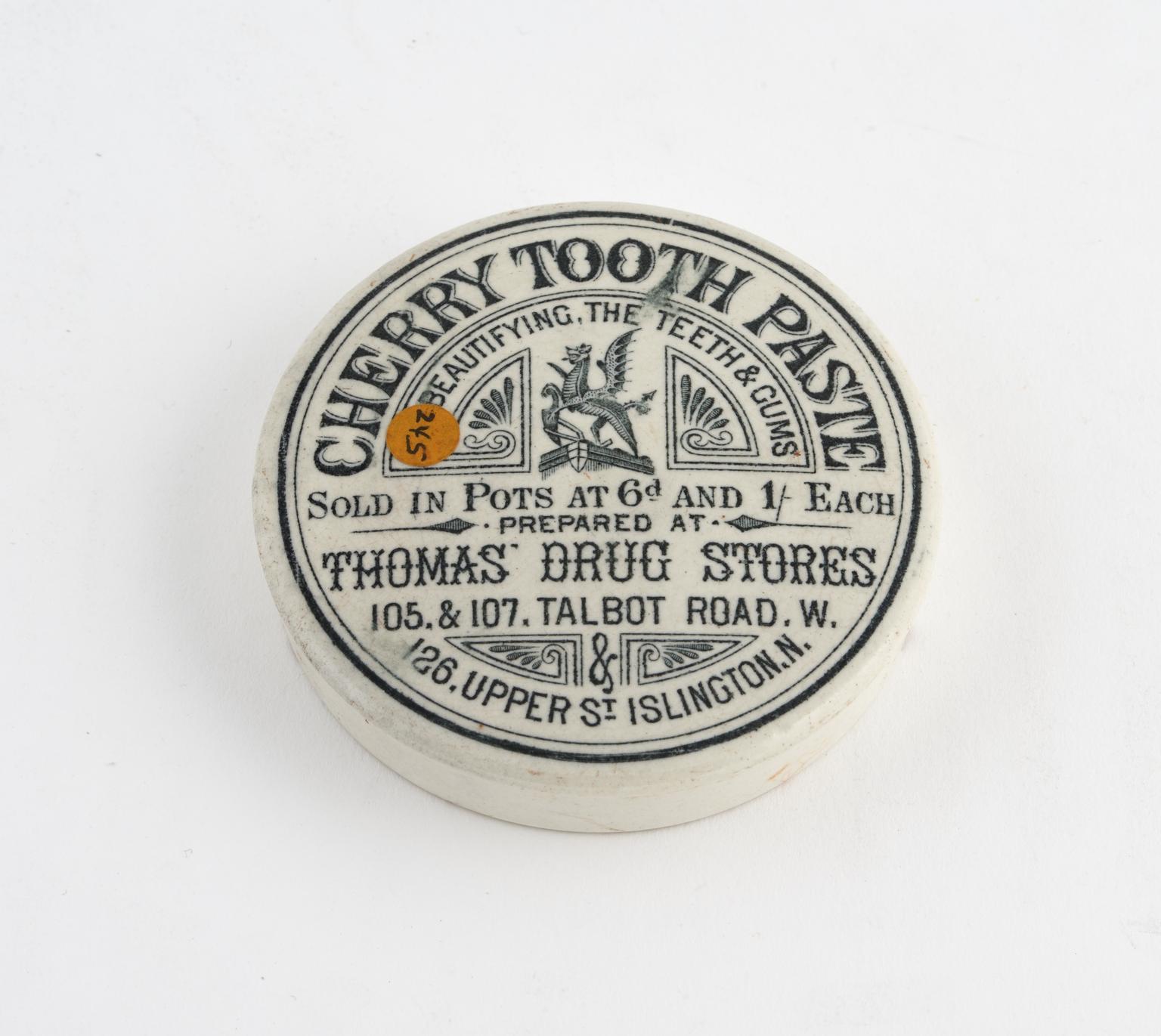 Ceramic pot lid for cherry tooth paste | Science Museum Group Collection
