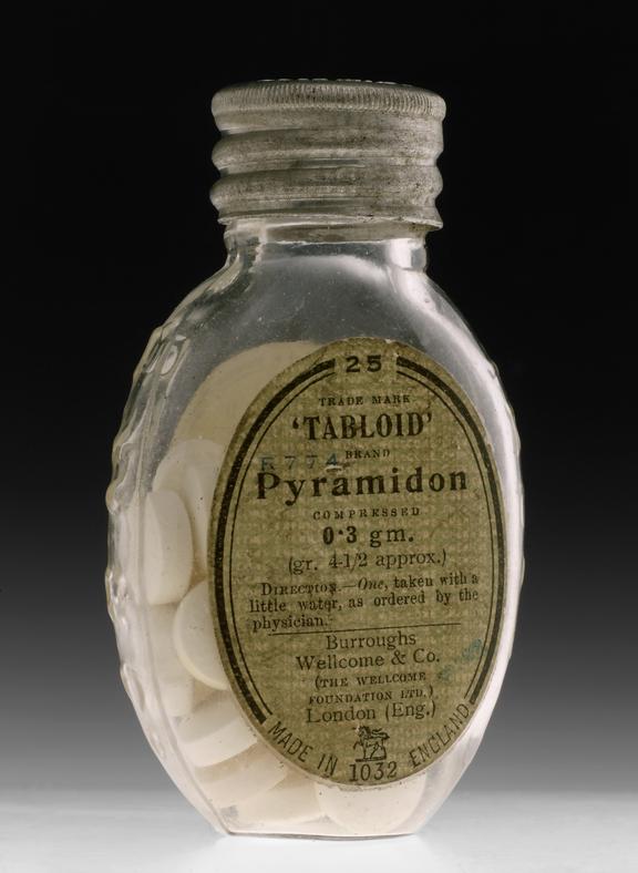 Bottle of pyramidon tablets (12 tablets remaining) by Burroughs ...