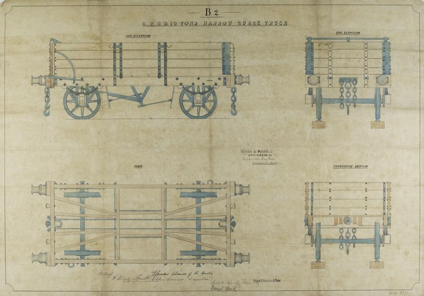 Engineering drawings of broad and narrow gauge railroad trucks by ...