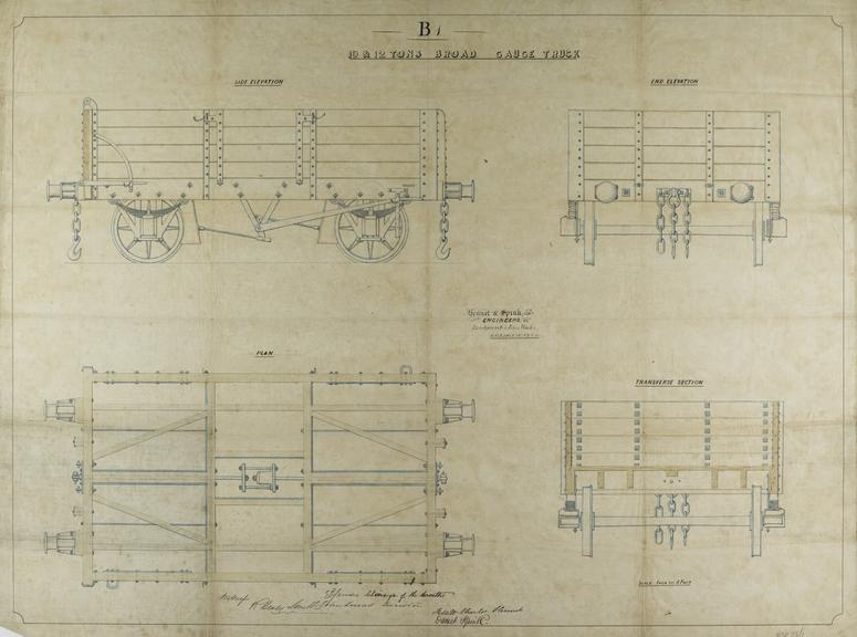 Engineering drawings of broad and narrow gauge railroad trucks by ...