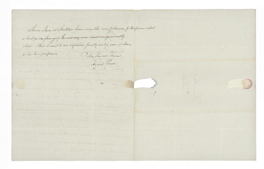 Letter from Edward Pease, Darlington to Leonard Raisbeck, Stockton-upon ...