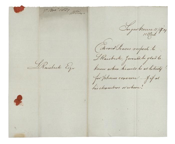 Letter from Edward Pease, Sugar House, Stockton-upon-Tees to Leonard ...