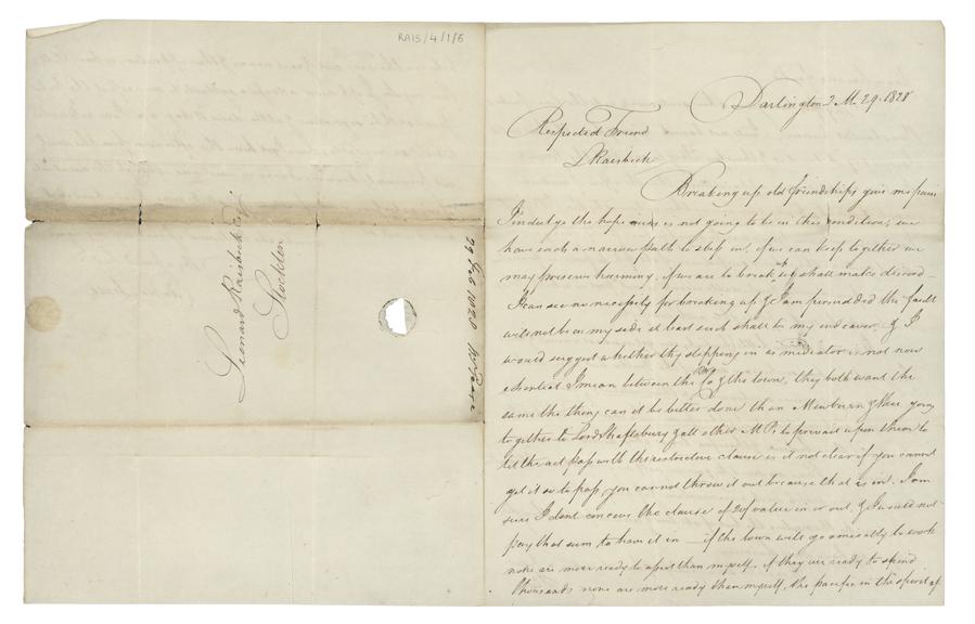 Letter from Edward Pease, Darlington to Leonard Raisbeck, Stockton-upon ...