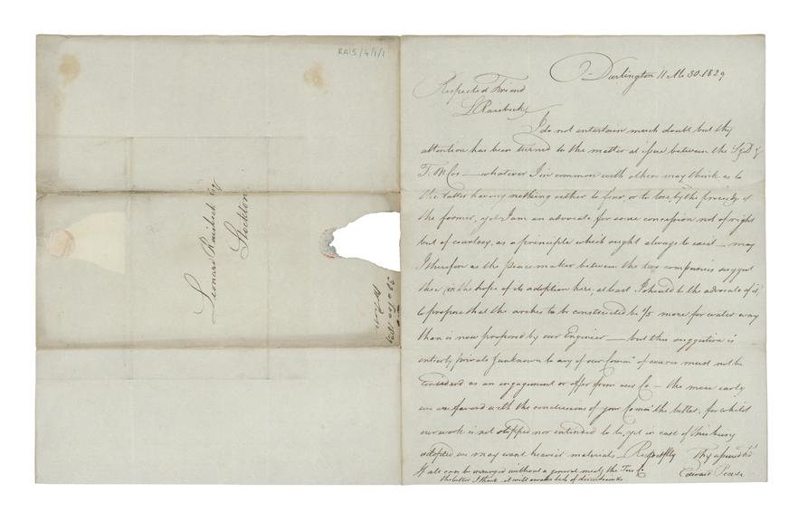 Letter from Edward Pease, Darlington to Leonard Raisbeck, Stockton-upon ...