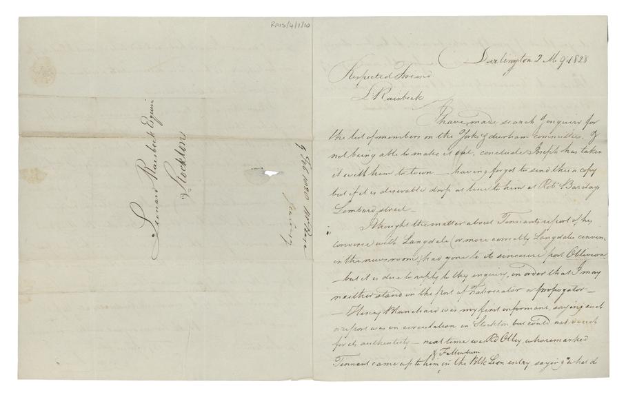Letter from Edward Pease, Darlington to Leonard Raisbeck, Stockton-upon ...