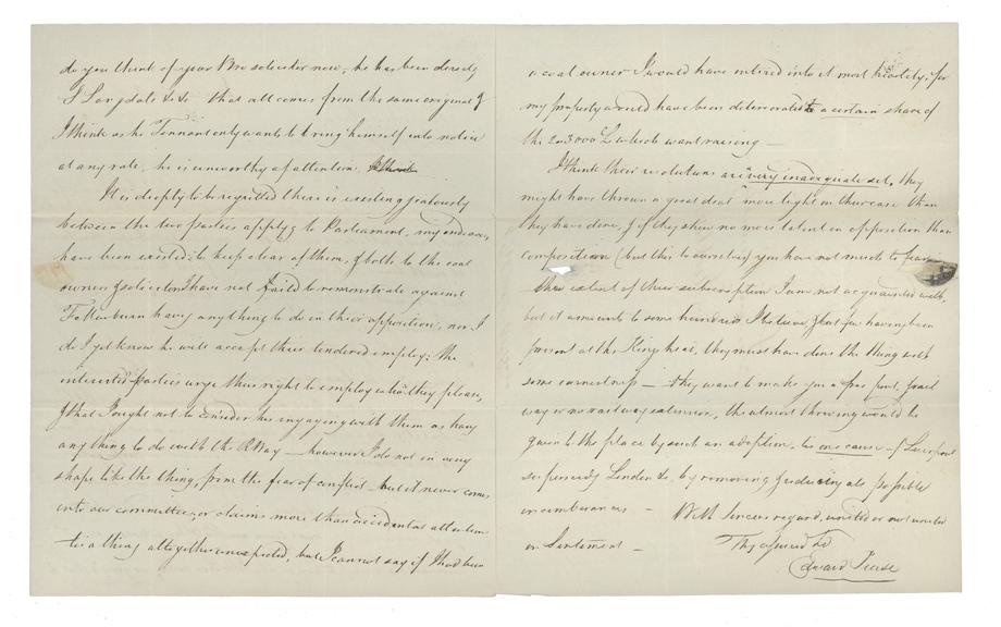 Letter from Edward Pease, Darlington to Leonard Raisbeck, Stockton-upon ...