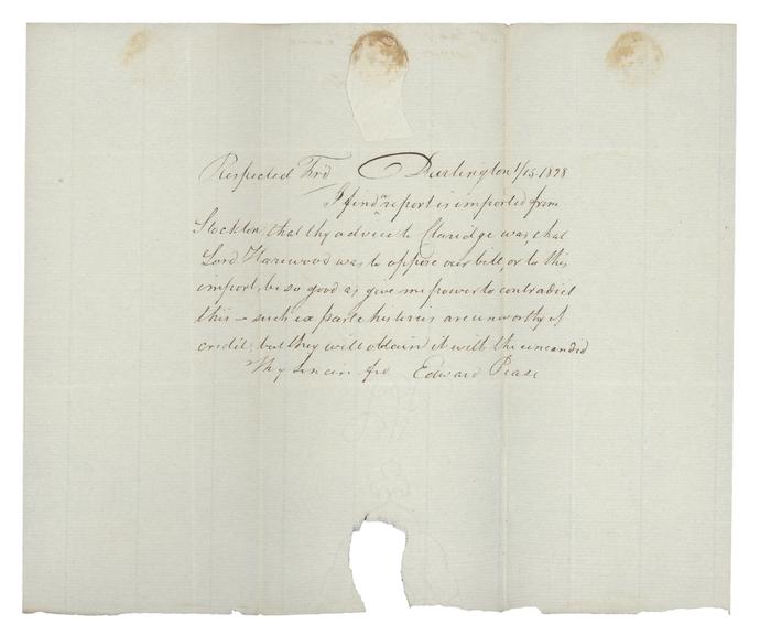 Letter from Edward Pease, Darlington to Leonard Raisbeck, Stockton-upon ...